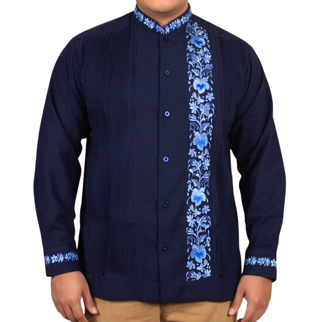 Guayabera Bordada Yucateca Azul Marino Modelo Colibrí Manga Larga para ...