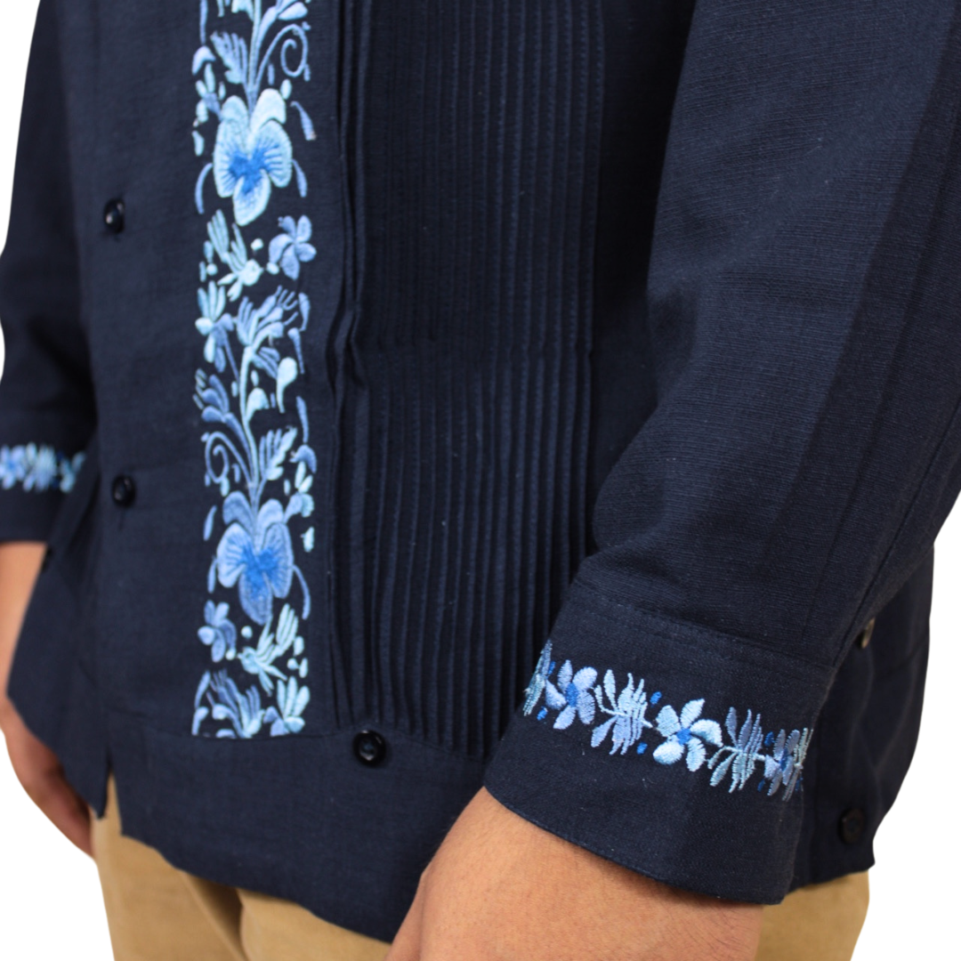 Guayabera Bordada Yucateca Azul Marino Modelo Colibrí Manga Larga para ...