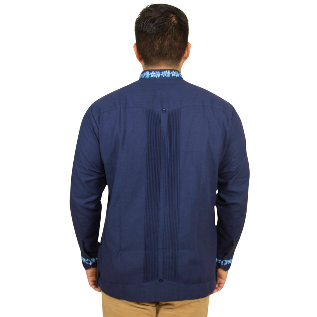 Guayabera Bordada Yucateca Azul Marino Modelo Colibrí Manga Larga para ...